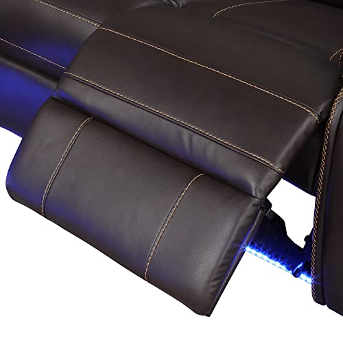 FANYE L-Shaped Manual Motion Sectional, PU Leather Upholstered Corner Recliner Sofa & Couch 2 Chaises W/Storage Console,Cupholders and LED Stripes for Home Apartment Living Room, Brown