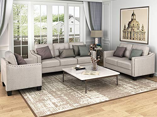 FULife 3-Piece Three Seaters Sofa Loveseat and Single Chair Living Room Furniture Set,Modern Button Tufted Upholstered Modular Sectional Couch for Aprtment/Office/Studio, Beige 77.2 in