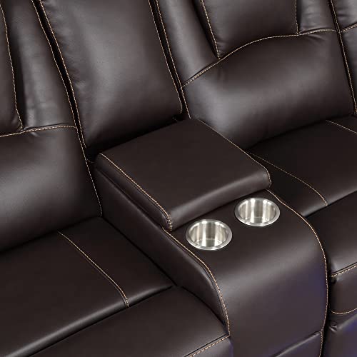 FANYE L-Shaped Manual Motion Sectional, PU Leather Upholstered Corner Recliner Sofa & Couch 2 Chaises W/Storage Console,Cupholders and LED Stripes for Home Apartment Living Room, Brown