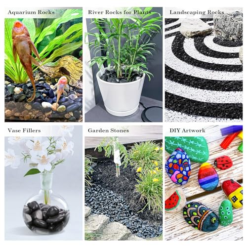 GRISUN 15lbs Black Natural River Rocks for Landscaping, Polished Pebbles for Plants Flower Bed Fish Tank Gravel Garden Home Decor, Aquarium Decorative Stones