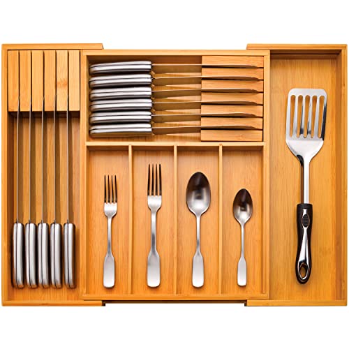 Utensil Organizer for Kitchen Drawers - Bamboo Silverware Organizer - Expandable Utensil Holder and Cutlery Tray with Divider and Removable Knife Block | 17” Long, Adjustable from 13” to 22.2”