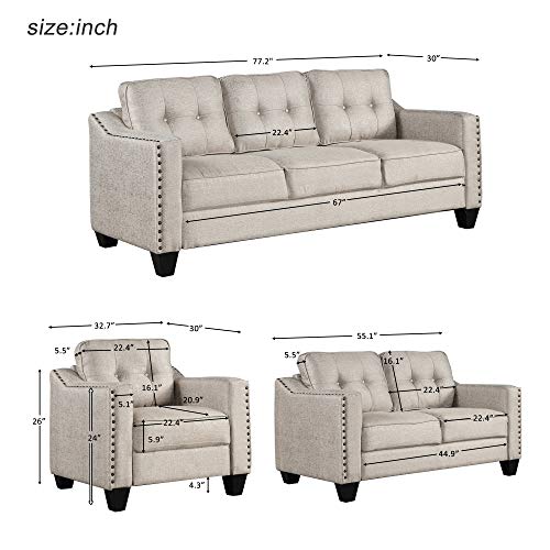 FULife 3-Piece Three Seaters Sofa Loveseat and Single Chair Living Room Furniture Set,Modern Button Tufted Upholstered Modular Sectional Couch for Aprtment/Office/Studio, Beige 77.2 in