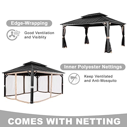 12' x 16' Gazebo, Outdoor Double Roof Canopy Hardtop Gazebo with Large Aluminum Frame, Galvanized Steel Top Gazebo with Ventilation and Mosquito Nettings, for Patio, Backyard, Deck and Lawns