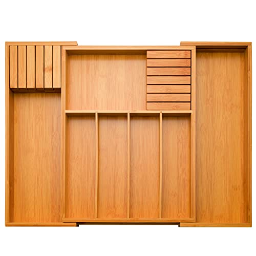 Utensil Organizer for Kitchen Drawers - Bamboo Silverware Organizer - Expandable Utensil Holder and Cutlery Tray with Divider and Removable Knife Block | 17” Long, Adjustable from 13” to 22.2”