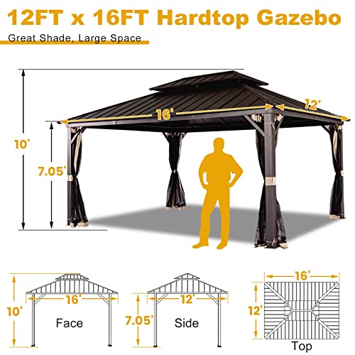 12' x 16' Gazebo, Outdoor Double Roof Canopy Hardtop Gazebo with Large Aluminum Frame, Galvanized Steel Top Gazebo with Ventilation and Mosquito Nettings, for Patio, Backyard, Deck and Lawns