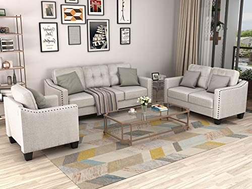 FULife 3-Piece Three Seaters Sofa Loveseat and Single Chair Living Room Furniture Set,Modern Button Tufted Upholstered Modular Sectional Couch for Aprtment/Office/Studio, Beige 77.2 in