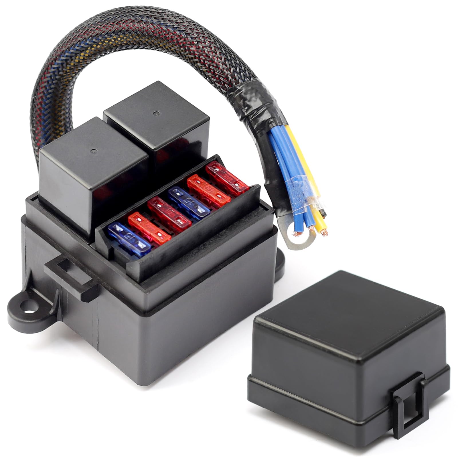 Pre-Wired Fuse Relay Box with 2 Relay Slots and 6 ATC/ATO Fuse Holder, 2 4Pin 80A Relays and 6 ATC ATO Fuses, Universal Waterproof Relay Fuse Block for Automotive Car Truck Boat Marine RV
