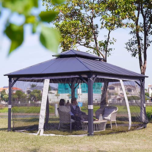 12' x 16' Gazebo, Outdoor Double Roof Canopy Hardtop Gazebo with Large Aluminum Frame, Galvanized Steel Top Gazebo with Ventilation and Mosquito Nettings, for Patio, Backyard, Deck and Lawns