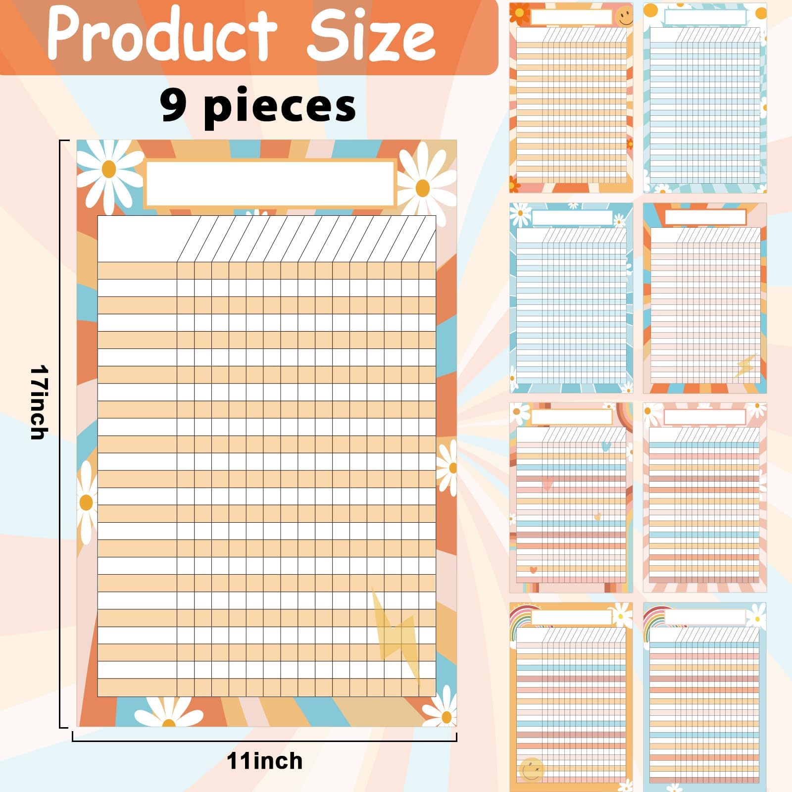 9 PCS Retro Groovy Classroom Charts Boho Classroom Incentive Chart Homework Data Charts Reward Chores Chart for Kids Behavior Learning Classroom School Attendance Homework Progress Tracking Pads