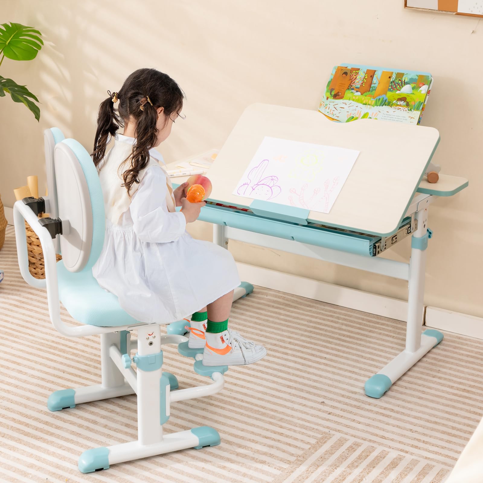 Costzon Kids Desk Chair, Height Adjustable Student Study Task Chair with Double Back Support, Rotatable Footrests, Mesh Ergonomic Office Chair, Kids Computer Chair for Boys Girls Bedroom School, Blue