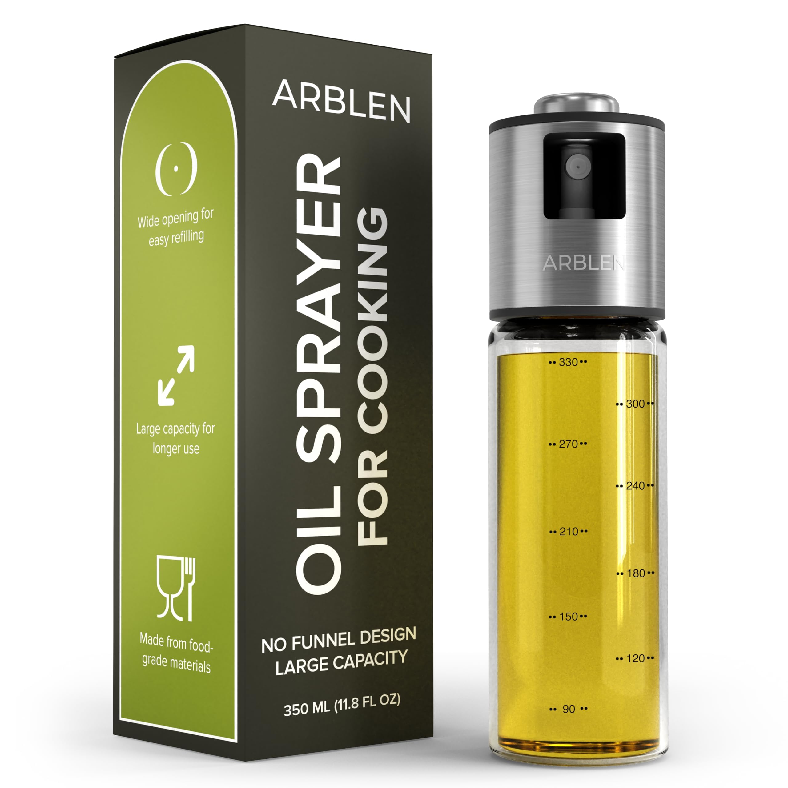 ARBLEN Olive Oil Sprayer for Cooking - Large 350ml Wide Mouth Glass Bottle - Original No Funnel Design - Precise Oil Control - Propellant Free - Avocado Oil Dispenser/Mister/Spritzer Kitchen Air Fryer