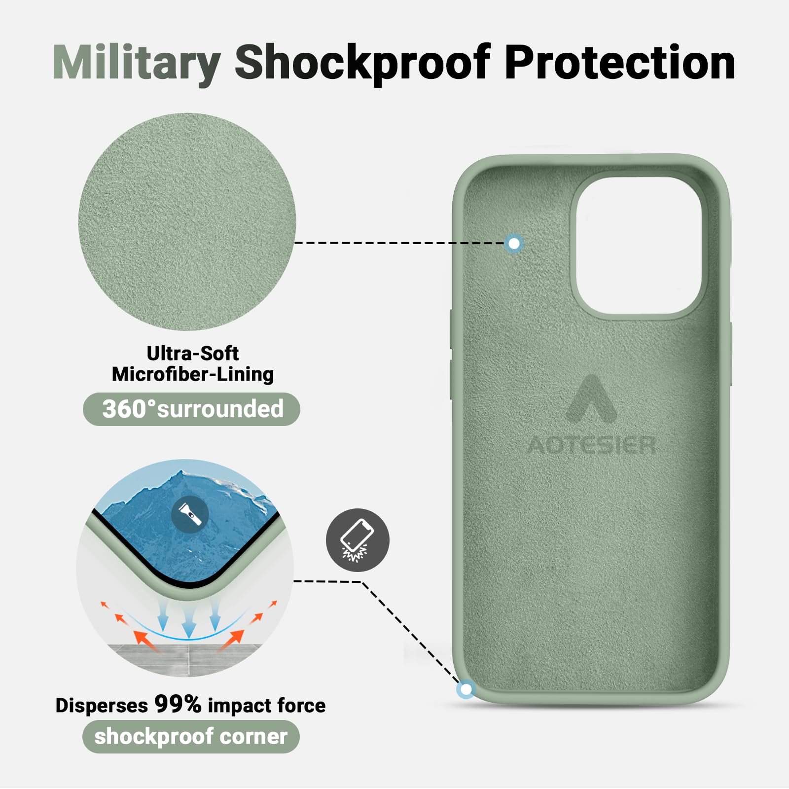 AOTESIER Shockproof Designed for iPhone 14 Pro Max Case, [Food Grade Silicone] [Military Drop Protection] with Anti-Scratch Lining Protective Phone Case for 14 ProMax, 6.7 inch, Calke Green