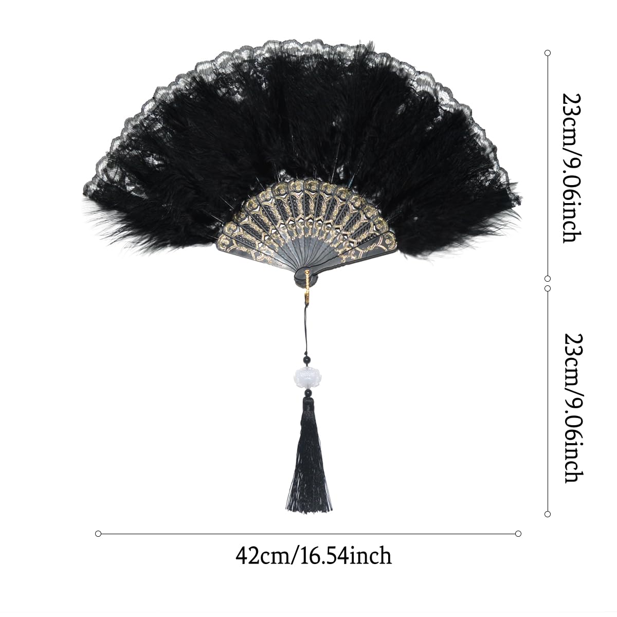 Lace Feather Folding Fan Vintage Spanish Hand Fan for Women Dancing Party Costume Festival Performance (Black)