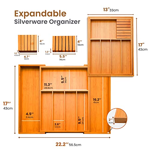 Utensil Organizer for Kitchen Drawers - Bamboo Silverware Organizer - Expandable Utensil Holder and Cutlery Tray with Divider and Removable Knife Block | 17” Long, Adjustable from 13” to 22.2”