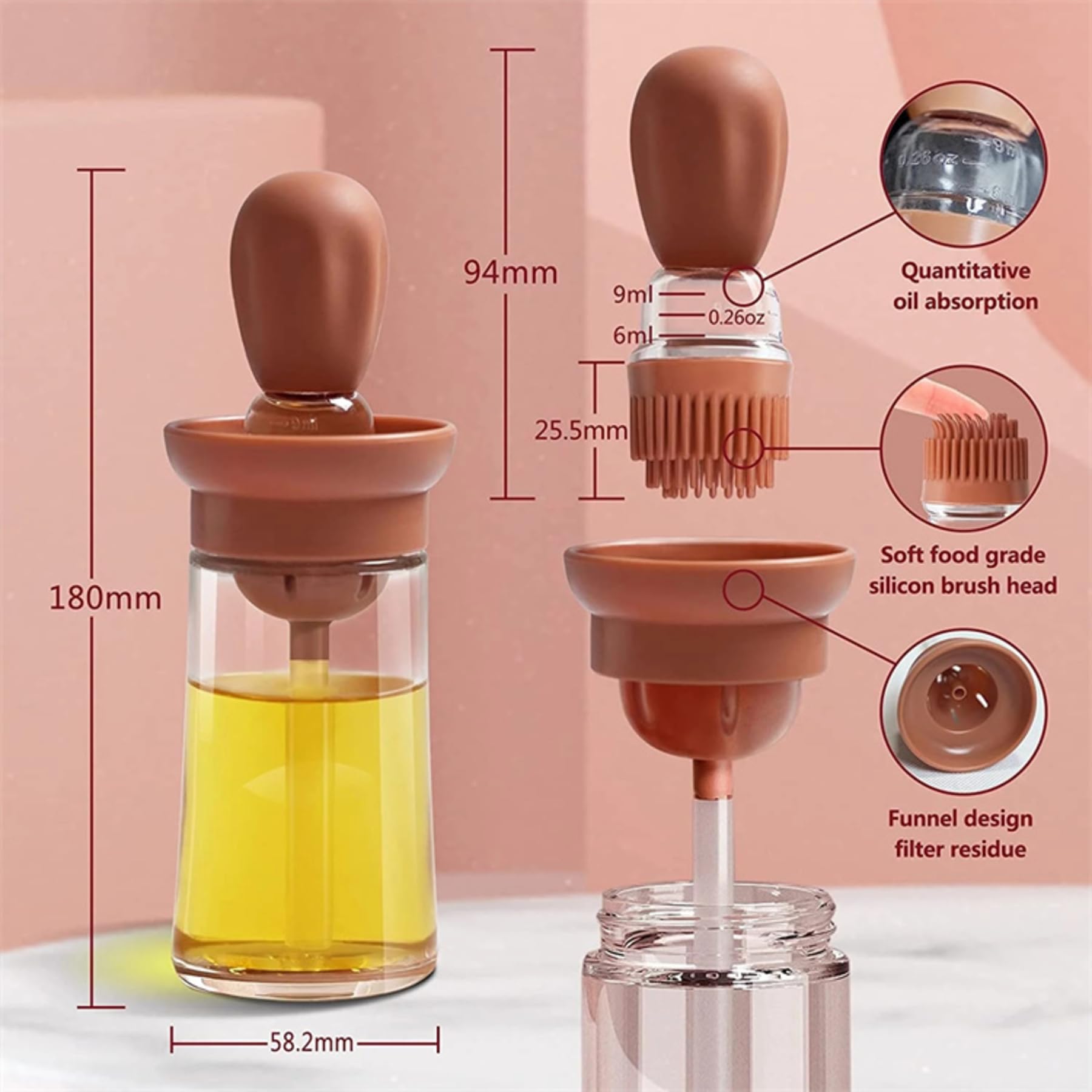 Olive Oil Dispenser With Silicone Brush - 2 In 1 Measuring Glass Oil Dispenser Bottle For Kitchen Cooking, Bbq, Grill, Baking, Roasting, Air Fryer, Pancake, Kitchen Gadgets (Beige)