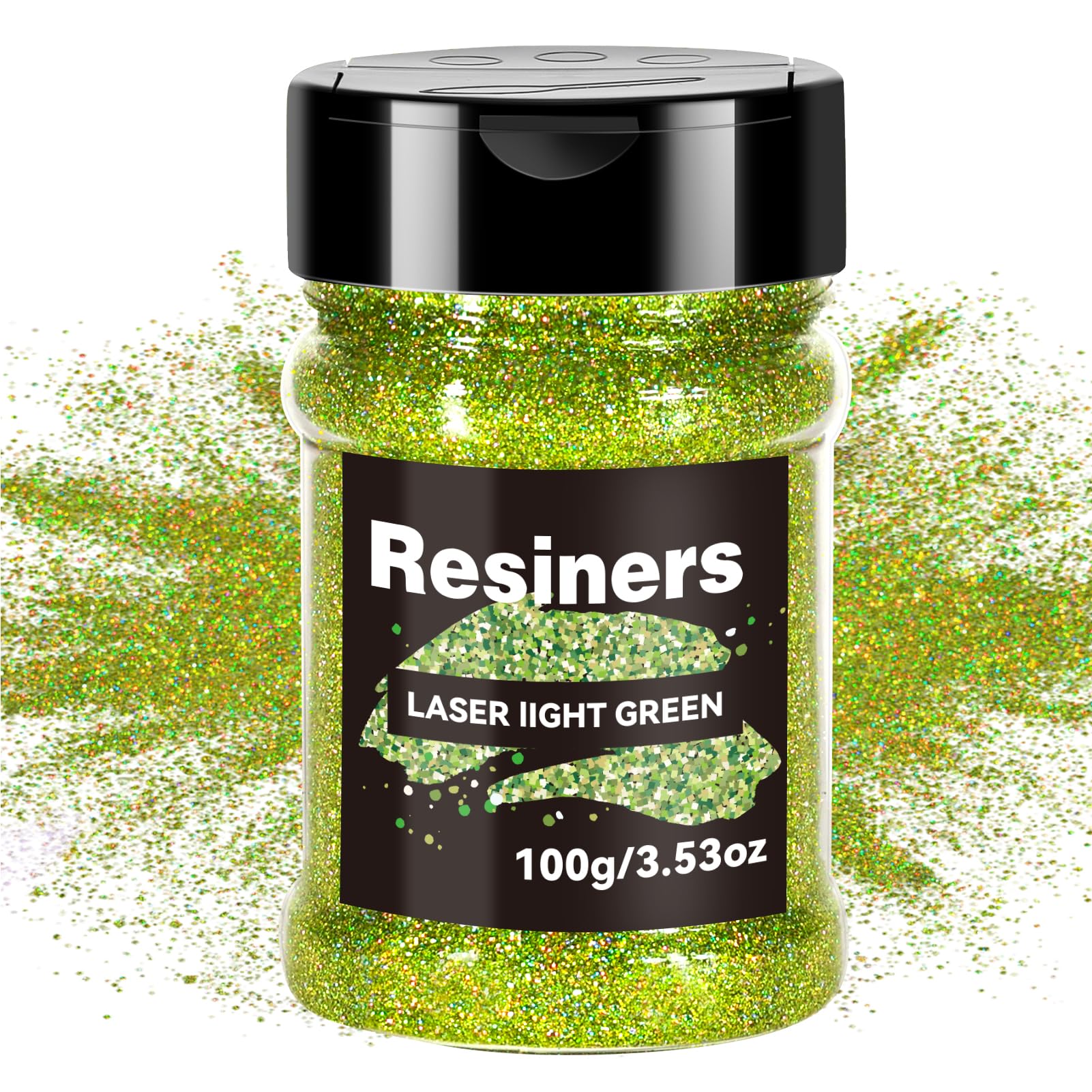 Resiners Holographic Ultra Fine Glitter Powder - 3.53oz/100g, 1/128" Metallic Epoxy Resin Glitter Sequins Flakes for Tumblers,Slime, Nails, Paint, Art Crafts - Laser Light Green