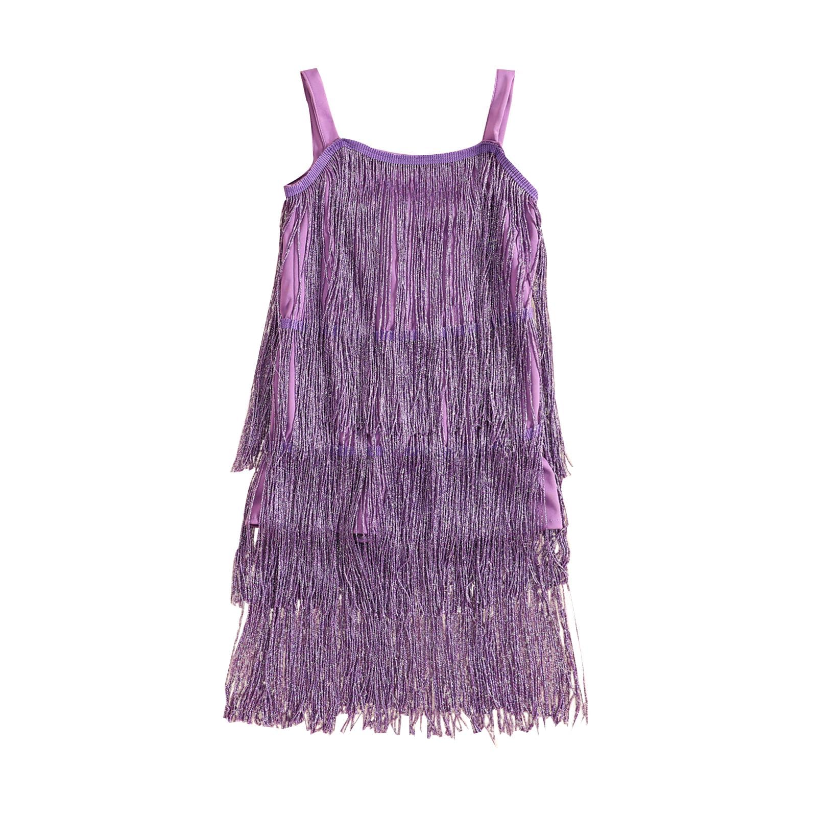 Kids Sequin Fringe Dress Sparkling Tassel Sleeveless Dress Little Girls Dance Wear Party Latin Dance Dress 1-6T (Purple, 5-6 Years)