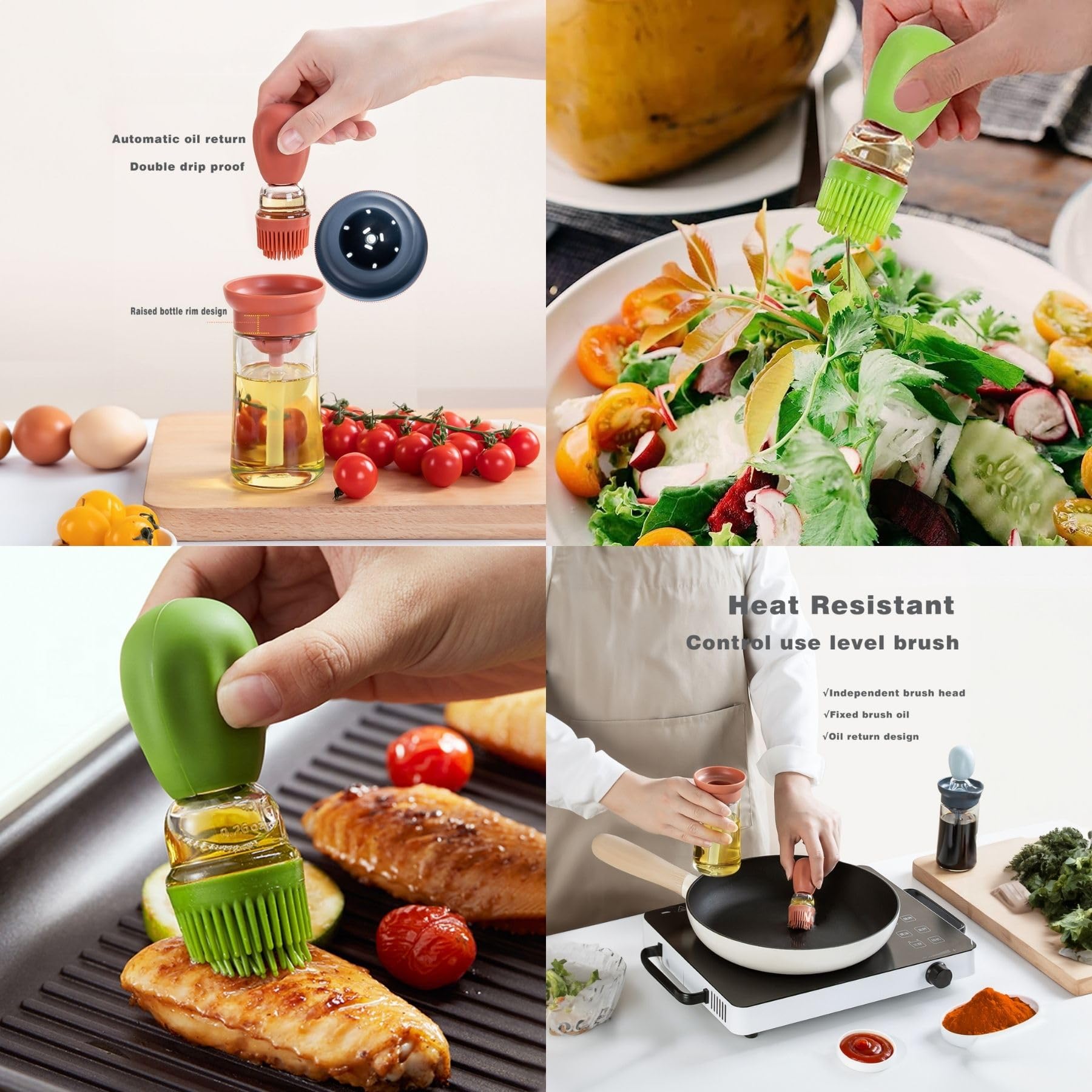 Olive Oil Dispenser With Silicone Brush - 2 In 1 Measuring Glass Oil Dispenser Bottle For Kitchen Cooking, Bbq, Grill, Baking, Roasting, Air Fryer, Pancake, Kitchen Gadgets (Beige)