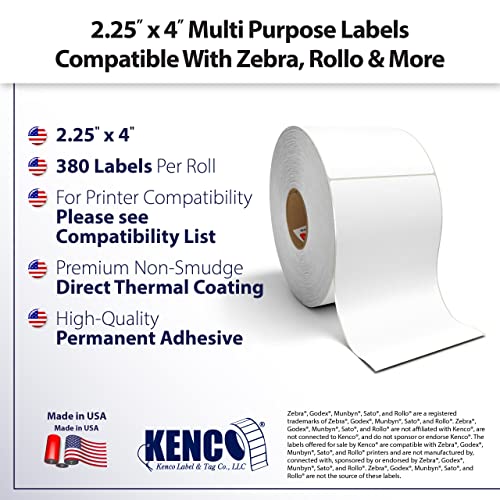 800522-405 Compatible KENCO® Brand 2.25 inch x 4 inch with perf Direct Thermal Labels to fit Eltron or Zebra Printers. 1 in. Core, 380 Labels Per Roll, 12 Rolls Per Case