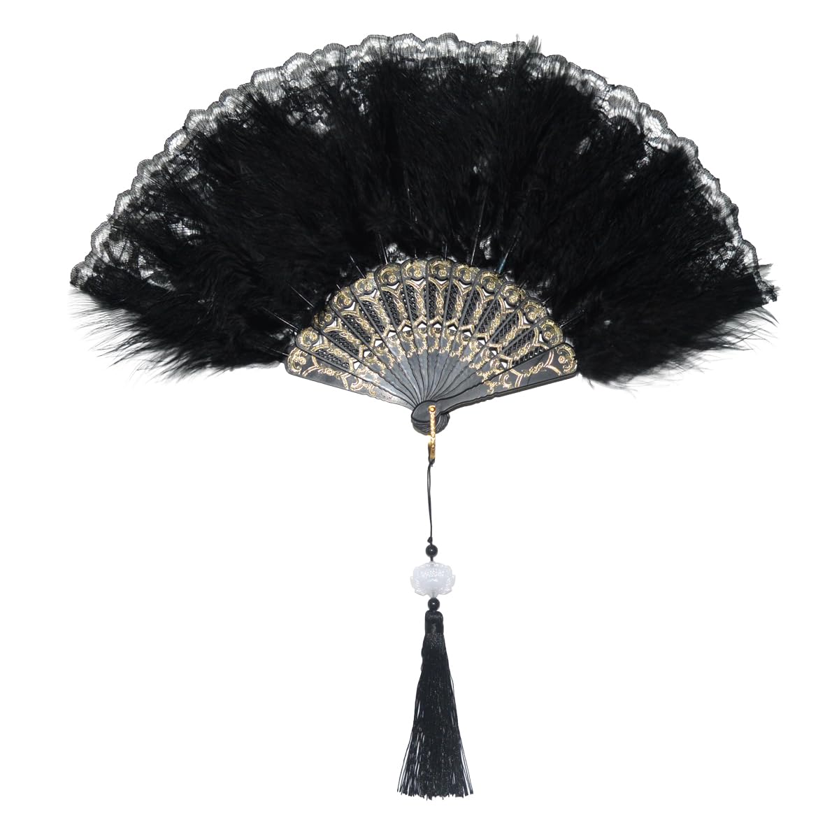 Lace Feather Folding Fan Vintage Spanish Hand Fan for Women Dancing Party Costume Festival Performance (Black)