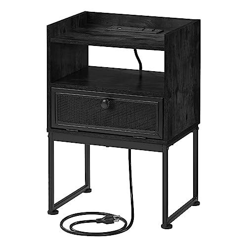 ZEXVIDA Small End Table Nightstand with Charging Station for Small Space,Bedside Table with Storage, Modern Industrial Sofa End Table for Small Place Living Room Bedroom Apartment,Black