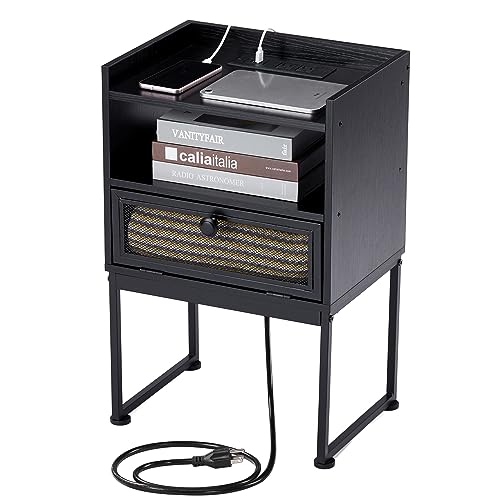 ZEXVIDA Small End Table Nightstand with Charging Station for Small Space,Bedside Table with Storage, Modern Industrial Sofa End Table for Small Place Living Room Bedroom Apartment,Black