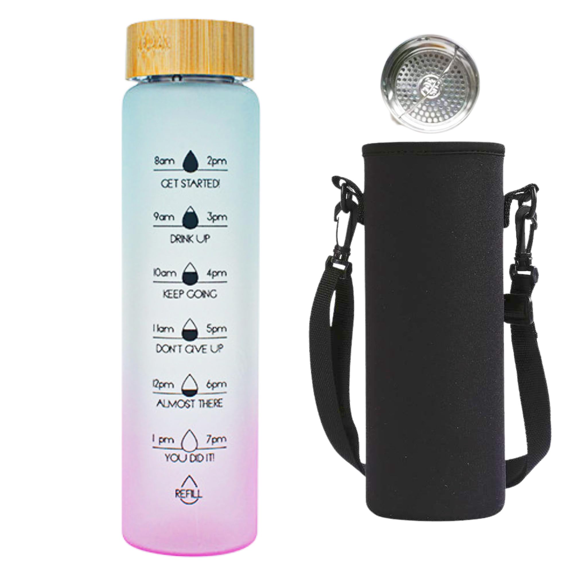 HOLABEAR Glass Motivational Daily Water Intake Bottle with Time Marker 32oz, Reusable, with Leakproof Bamboo Lid and Shoulder Sleeve, for Hot and Cold Drinks, BPA Free(Blue)