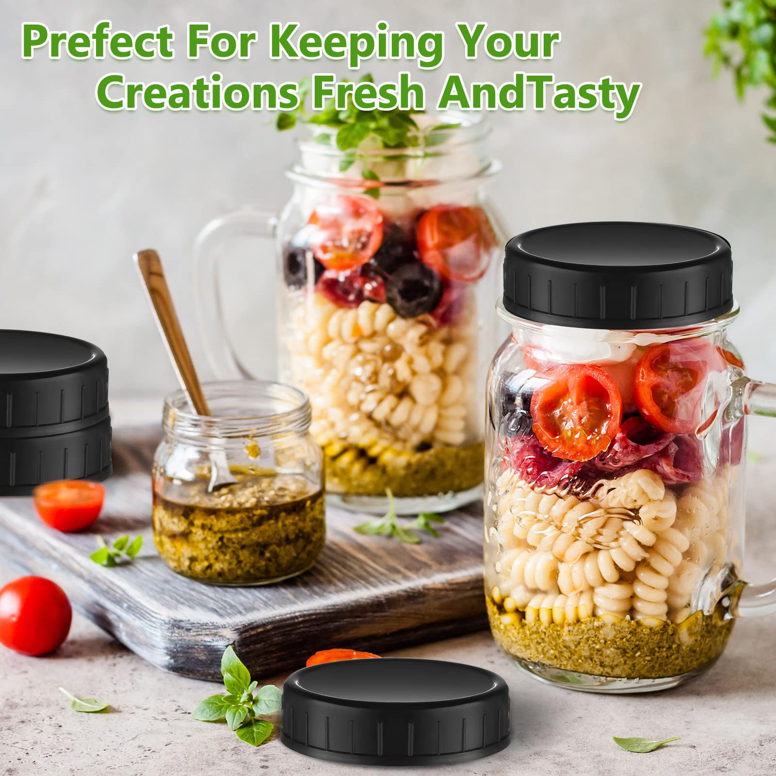 Inbagi 60 Pcs Plastic Canning Jars Lids Bulk Black Mason Jar Lids Reusable Canning Jar Lids Regular Mouth Leakproof Storage Cap with Silicone Ring for Mason Jar Canning Jar and More(70 mm Diameter)
