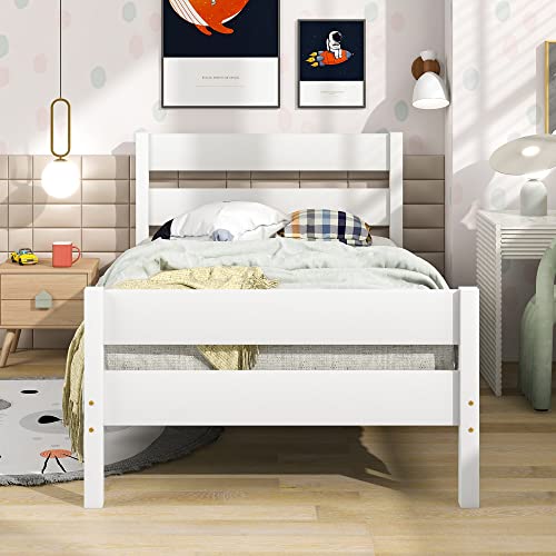 LCH Twin Bed Frames, Wood Twin Bed Frame with Headboard and Footboard Kids Bed Frame,Twin Wooden Bedframes Platform with Storage for Girls Boy No Box Spring Needed (White)