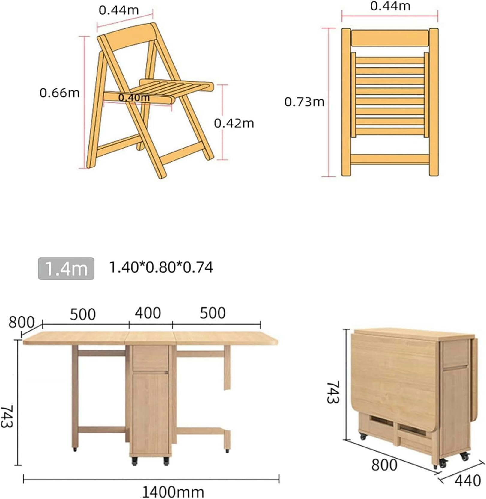 Dining Table Set, Solid Wood Drop Leaf Table, Extendable Moveable Folding Table with Wheels and 4 Chair, Saving Space, Round Edge Design, for Kitchen Dining Room