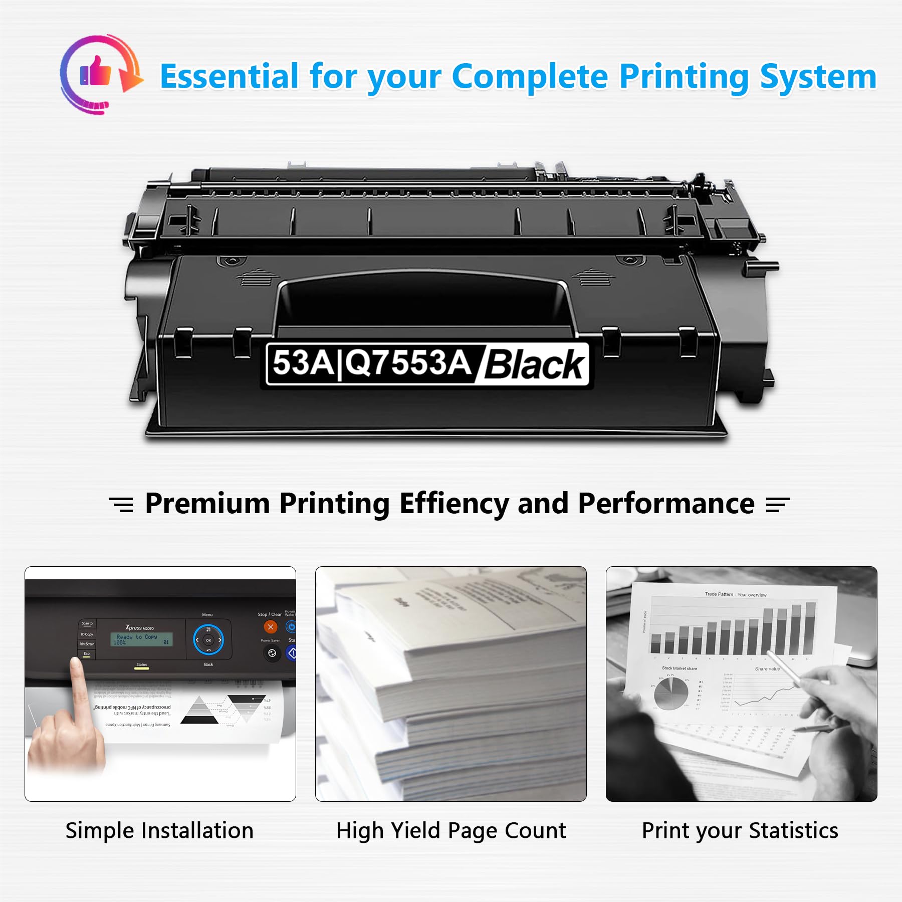 (with Chip) 53A Black Toner Cartridge Q7553A 1-Pack: 53A Toner Cartridge Replacement for HP 53A 53X Q7553X Works with Laser P2014, P2014n; Laser P2015, P2015d, P2015dn, P2015x; Laser M2727nf Printer