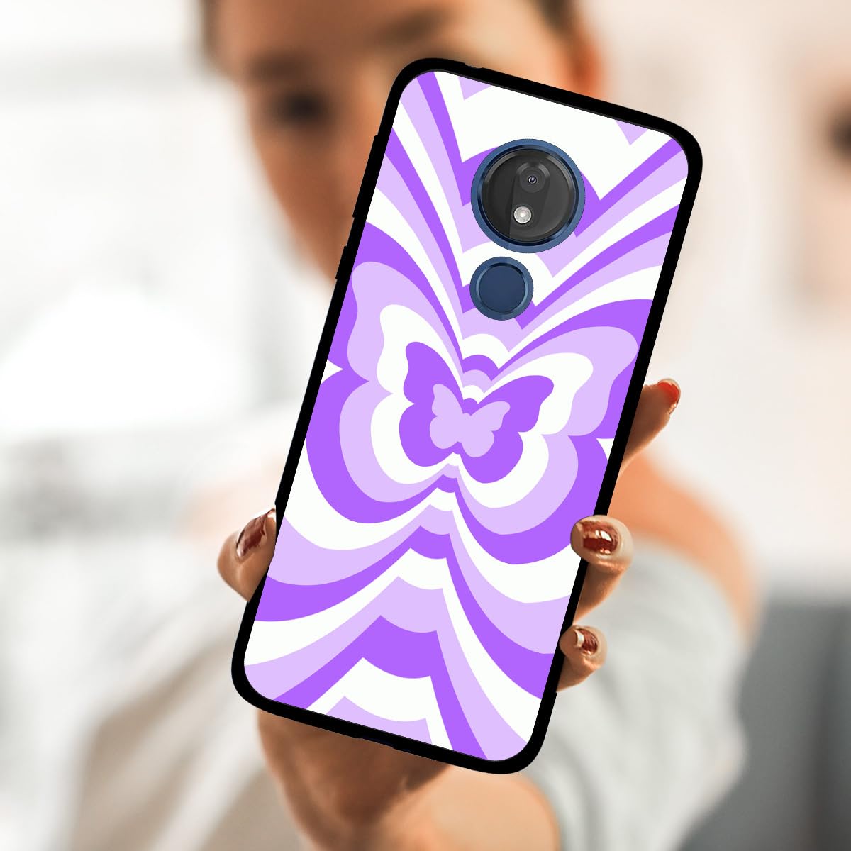 zaztify Phone Case for Motorola Moto G7 Power/Supra/Optimo Maxx, Purple Butterfly Tunnel Center Swirl Latte Valentine Color Block Shockproof Protective Anti-Slip Thin Soft Cover Shell