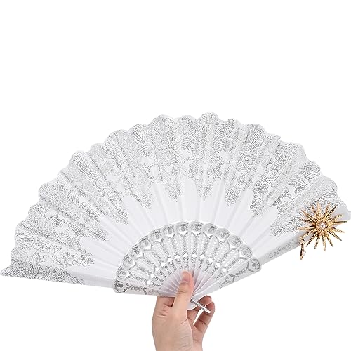 GEPAS Spanish Folding Fan Vintage Lace Women Handheld Fan for Dancing,Party,Festival and Gift (White)