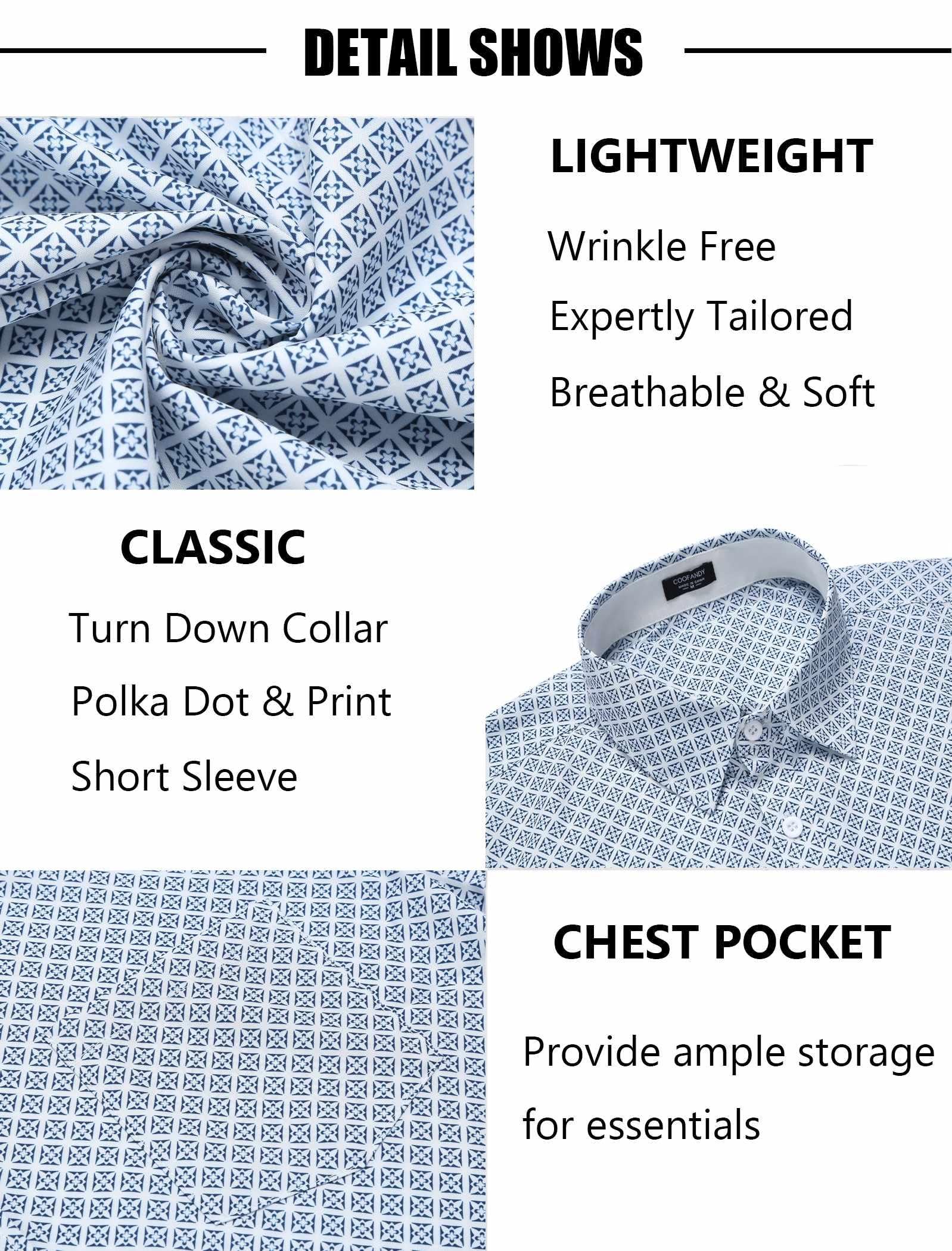 COOFANDY Men's Short Sleeve Dress Shirts Wrinkle Free Polka Dot Print Shirt Casual Button Down Shirts with Pocket