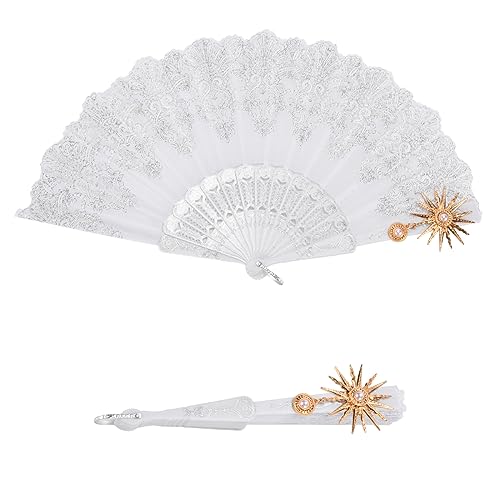 GEPAS Spanish Folding Fan Vintage Lace Women Handheld Fan for Dancing,Party,Festival and Gift (White)