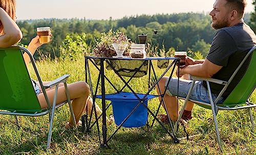 Eternal Living Collapsible Folding Camping Table with Insulated Cooler, Cup Holder, Mesh Food Basket & Travel Bag, Blue