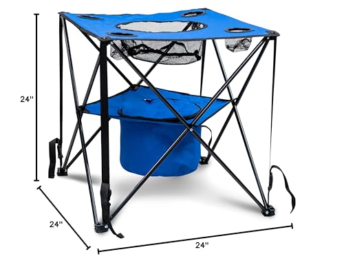 Eternal Living Collapsible Folding Camping Table with Insulated Cooler, Cup Holder, Mesh Food Basket & Travel Bag, Blue