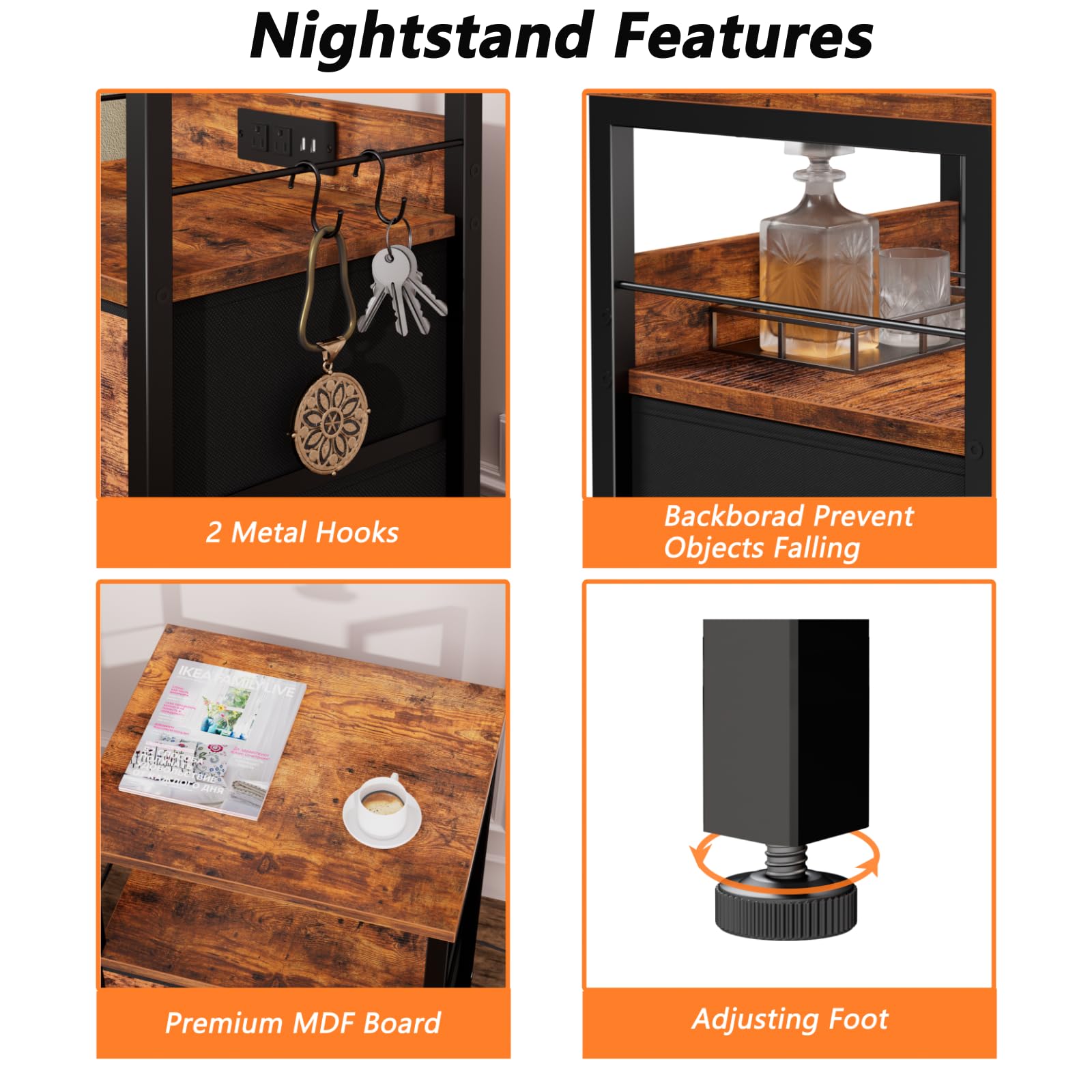 Furologee End Table with Charging Station, Nightstand with Fabric Drawers, Side Table with USB Ports & Outlets, Night Stand with Storage Shelf & Hooks, for Living Room/Bedroom, Rustic Brown