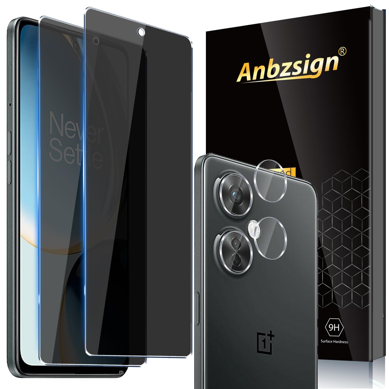 Anbzsign For OnePlus Nord N30 5G / Nord CE 3 Lite (2023) With [2 Pack] Camera Lens Protector and [2 Pack] Privacy Screen Protector, Anti-Spy 9H Hardness Tempered Glass.