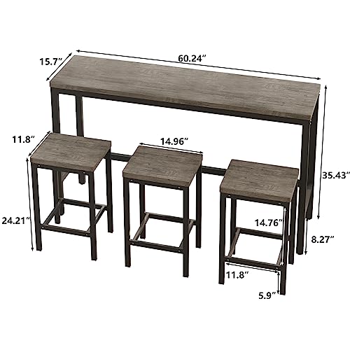 INCLAKE Long Dining Table Set for 3 People, 4 Piece Dining Table Set with 3 Bar Stools, Modern Kitchen Table and Chairs Set with Footrest for Living Room Restaurant Pub, Brown Gray