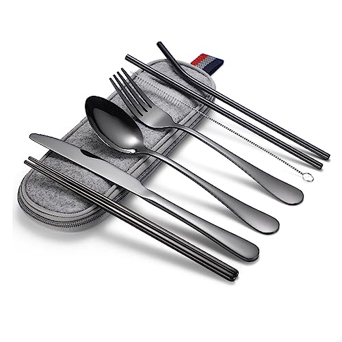 7 Piece Stainless Steel Portable Tableware Set Knife Fork Spoon Chopsticks Straw And Brush Products Travel Cutlery Set