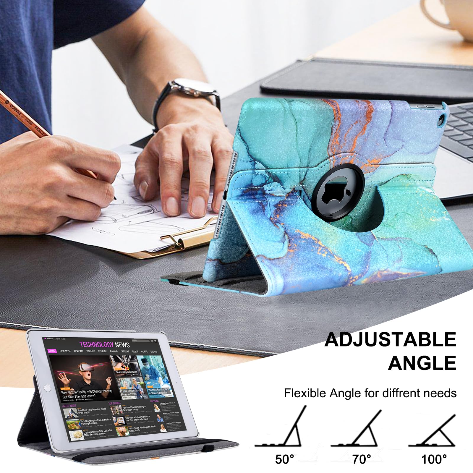 Rouceyxin New iPad 9.7 2018 2017 / iPad Air 2 Case - 360 Degree Rotating Stand Protective Cover with Auto Sleep Wake for iPad 9.7 inch (6th Gen, 5th Gen) / iPad Air 2/ iPad Air (Green Marble)