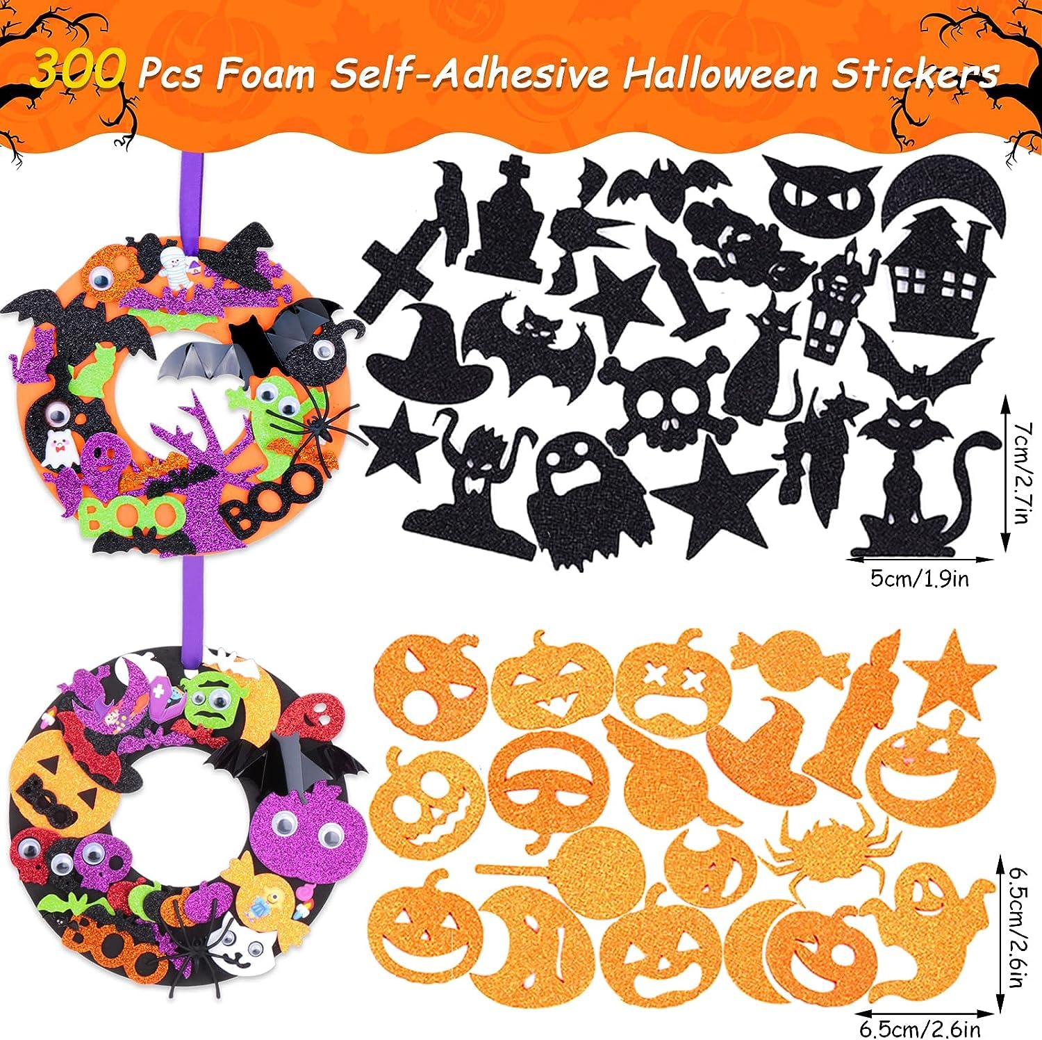 26 Sets Halloween Crafts Foam Wreath Craft Kits DIY Halloween Wreath with Self-Adhesive Pumpkin Ghost Bats Shape Craft Stickers Fall Thanksgiving Halloween Seasonal Sign Decoration