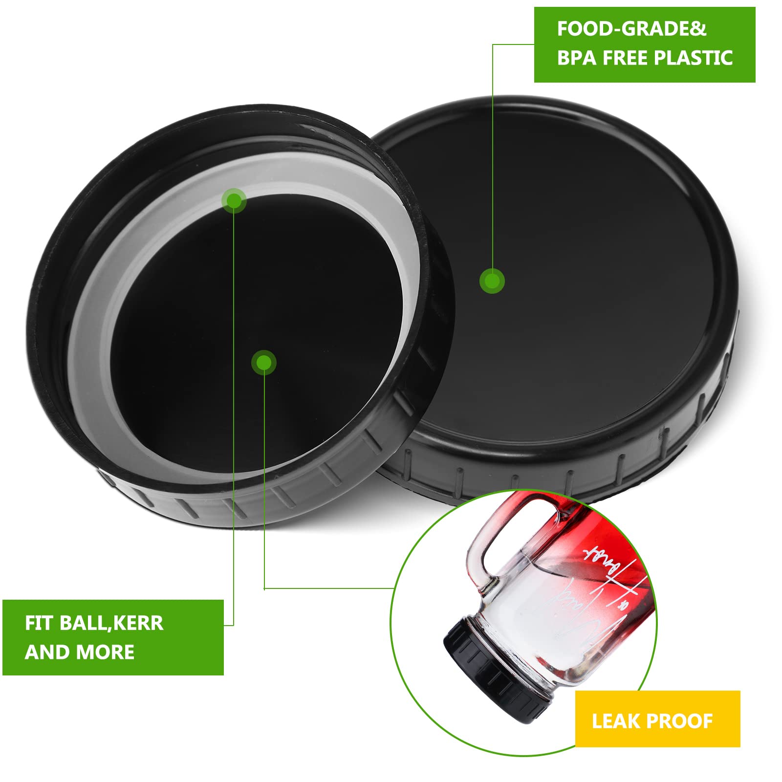 Inbagi 60 Pcs Plastic Canning Jars Lids Bulk Black Mason Jar Lids Reusable Canning Jar Lids Regular Mouth Leakproof Storage Cap with Silicone Ring for Mason Jar Canning Jar and More(70 mm Diameter)