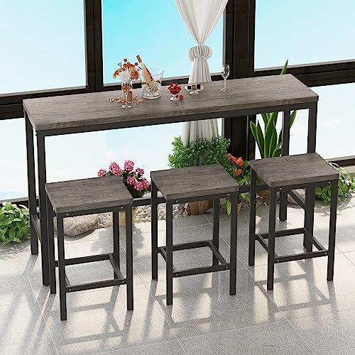 INCLAKE Long Dining Table Set for 3 People, 4 Piece Dining Table Set with 3 Bar Stools, Modern Kitchen Table and Chairs Set with Footrest for Living Room Restaurant Pub, Brown Gray