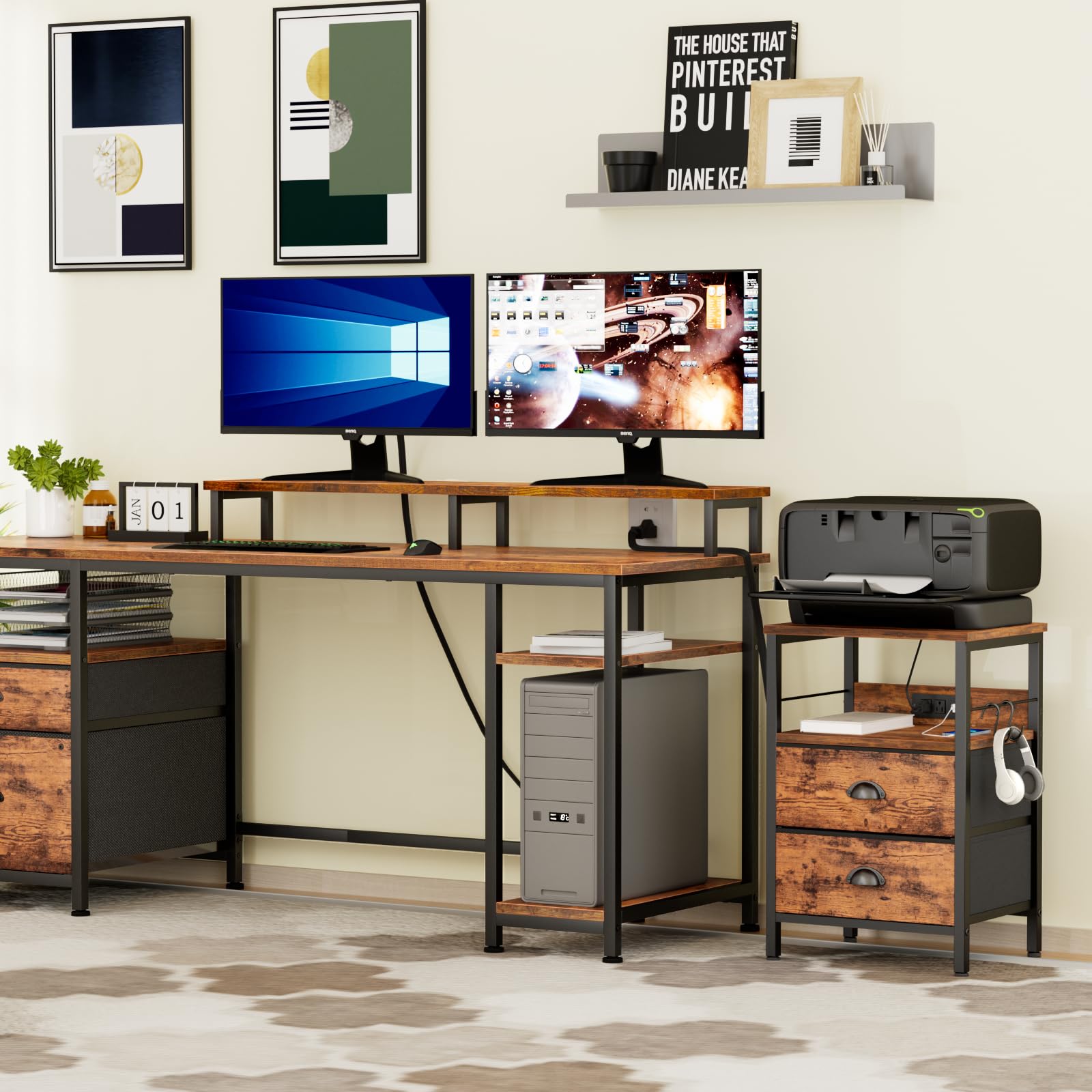 Furologee End Table with Charging Station, Nightstand with Fabric Drawers, Side Table with USB Ports & Outlets, Night Stand with Storage Shelf & Hooks, for Living Room/Bedroom, Rustic Brown