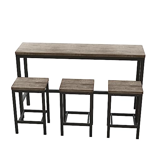 INCLAKE Long Dining Table Set for 3 People, 4 Piece Dining Table Set with 3 Bar Stools, Modern Kitchen Table and Chairs Set with Footrest for Living Room Restaurant Pub, Brown Gray