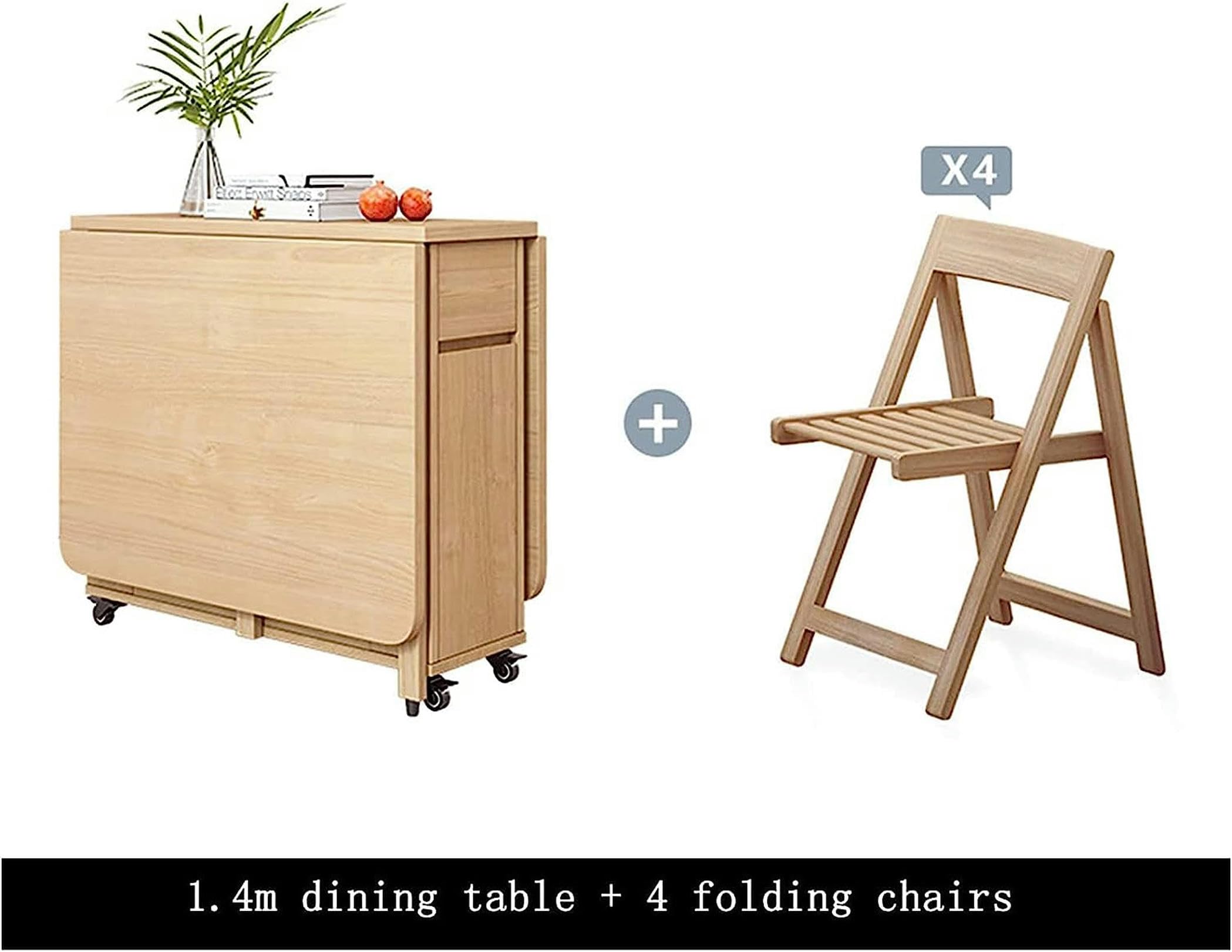 Dining Table Set, Solid Wood Drop Leaf Table, Extendable Moveable Folding Table with Wheels and 4 Chair, Saving Space, Round Edge Design, for Kitchen Dining Room