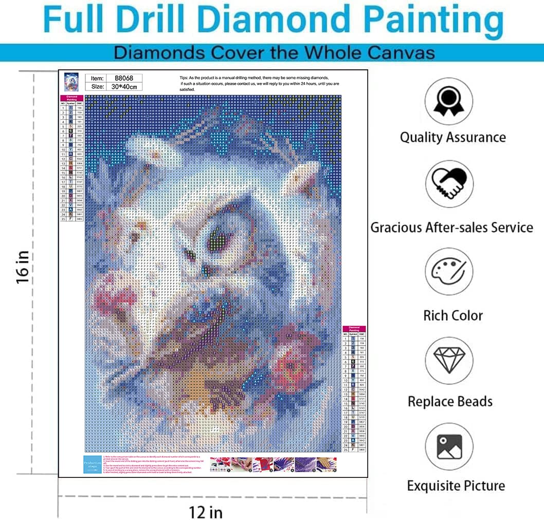 Eiazuiks Diamond Painting Kits for Adults, Owl 5D DIY Diamond Art Kits Full Drill Diamond Dots for Gift Wall Decor and Relaxation Gem Arts 12x16 inch