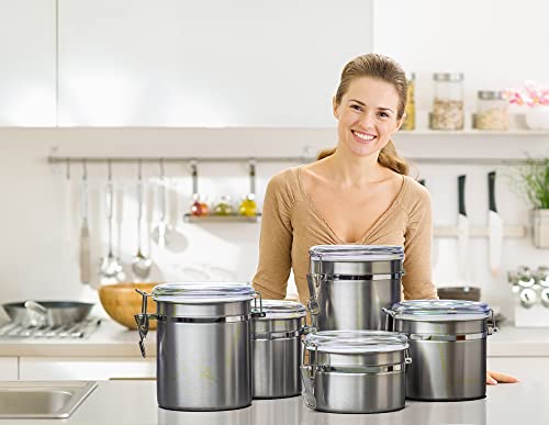5pc Stainless Steel Canister Set with Clear Acrylic Lids & Clamp Airtight Durable & Stackable Food Storage Container for Kitchen Counter & Pantry, Tea, Sugar, Coffee, Flour, Rice, Pasta, Spices, Herbs